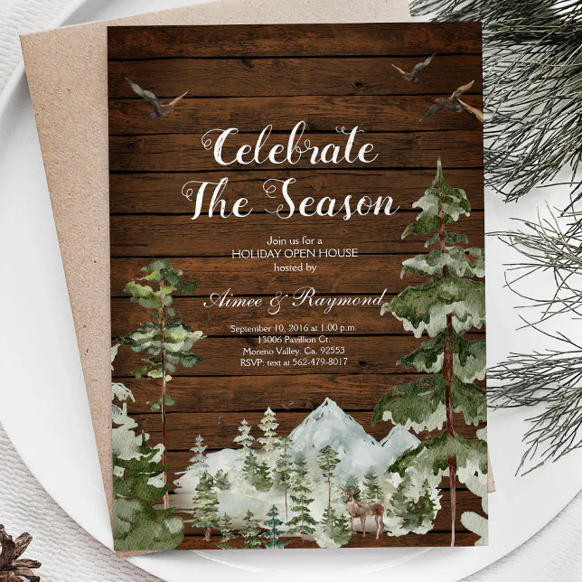 Rustic Wood Winter Celebrate the season open house Invitation | Zazzle