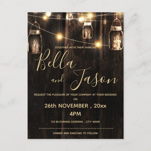 Rustic Wood With String Lights Lanterns Wedding Invitation Postcard ...
