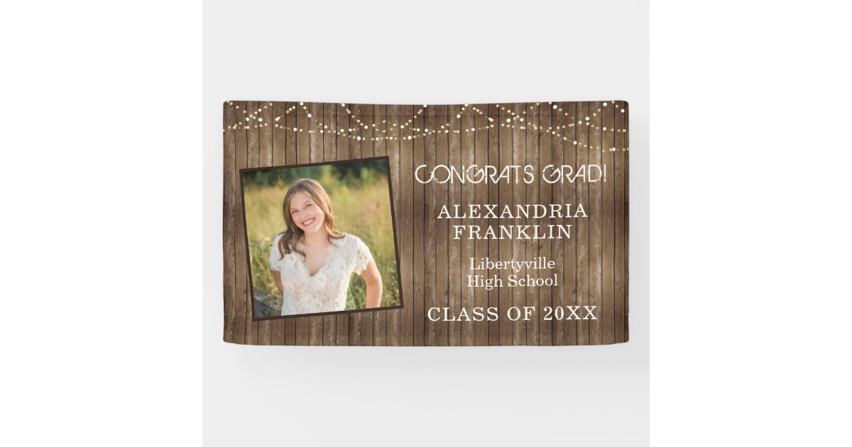 Rustic Wood with String Lights & Photo Graduation Banner | Zazzle