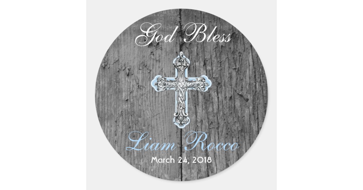 Rustic Wood with Vintage Cross Baptism Classic Round Sticker | Zazzle