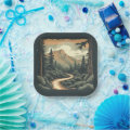 Rustic Woodcut Mountain Forest Landscape Camping Paper Plates | Zazzle