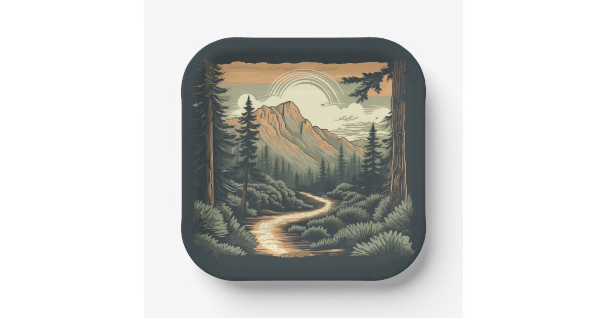 Rustic Woodcut Mountain Forest Landscape Camping Paper Plates | Zazzle