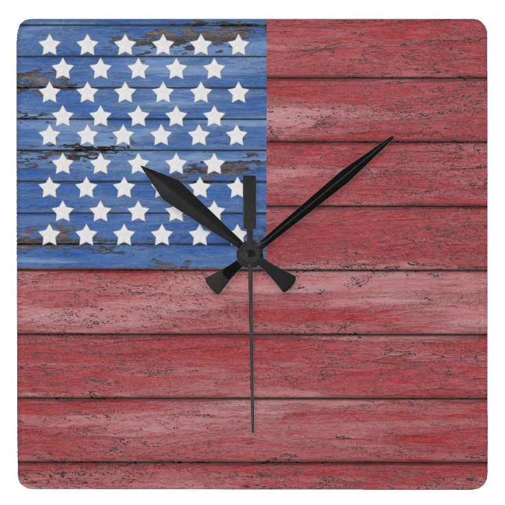 Rustic Wooden Barn Wall American Flag Patriotic Square Wall Clock | Zazzle