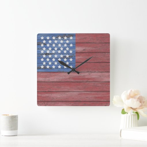Rustic Wooden Barn Wall American Flag Patriotic Square Wall Clock | Zazzle