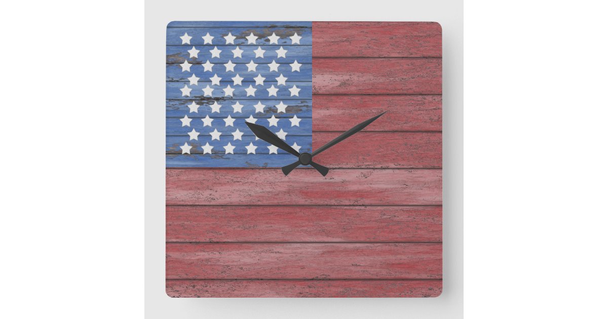 Rustic Wooden Barn Wall American Flag Patriotic Square Wall Clock | Zazzle