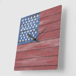 Rustic Wooden Barn Wall American Flag Patriotic Square Wall Clock | Zazzle