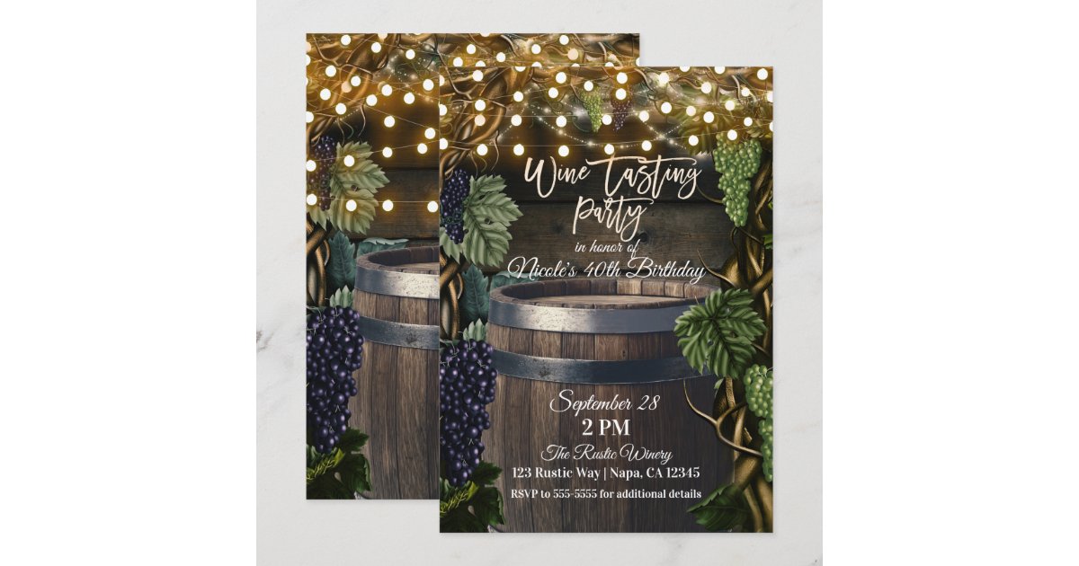 Rustic Wooden Barrel Grapes Wine Tasting Party Invitation | Zazzle