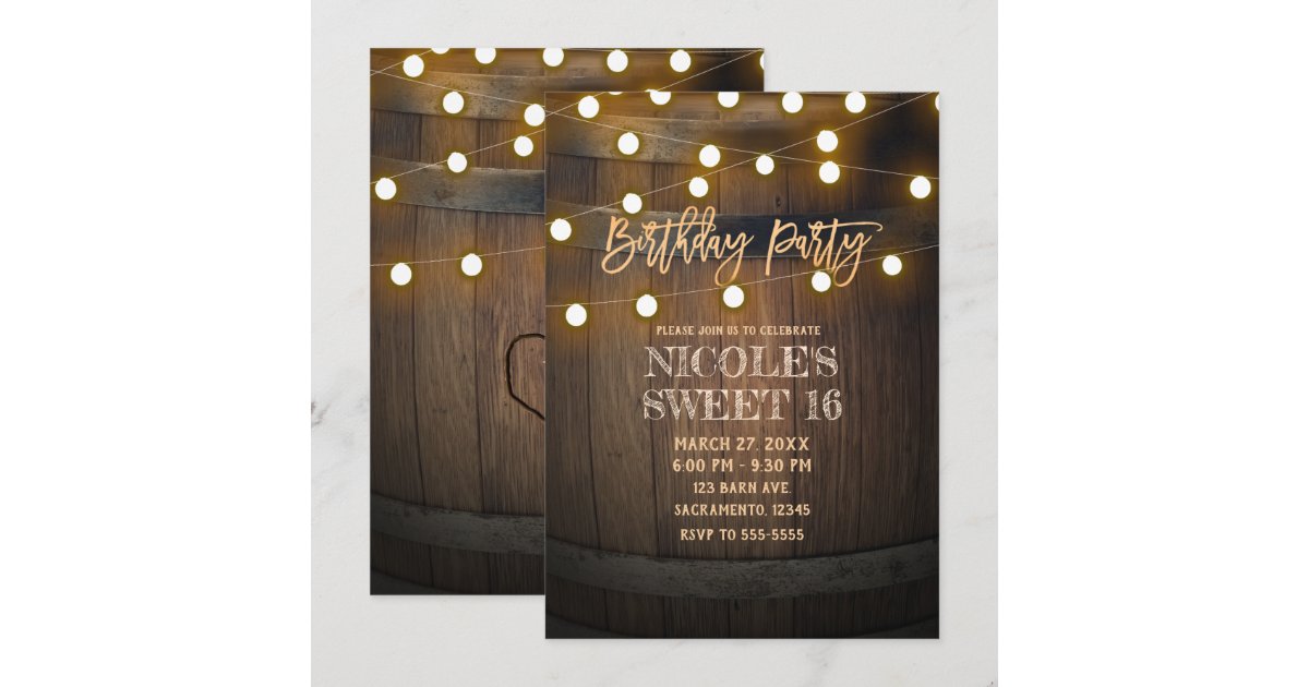 Rustic Wooden Barrel String Lights Birthday Party Invitation | Zazzle