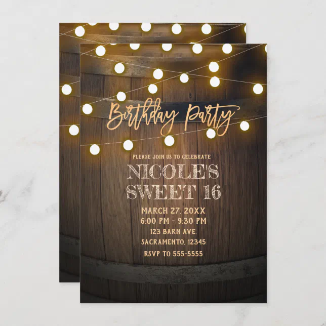 Rustic Wooden Barrel String Lights Birthday Party Invitation | Zazzle