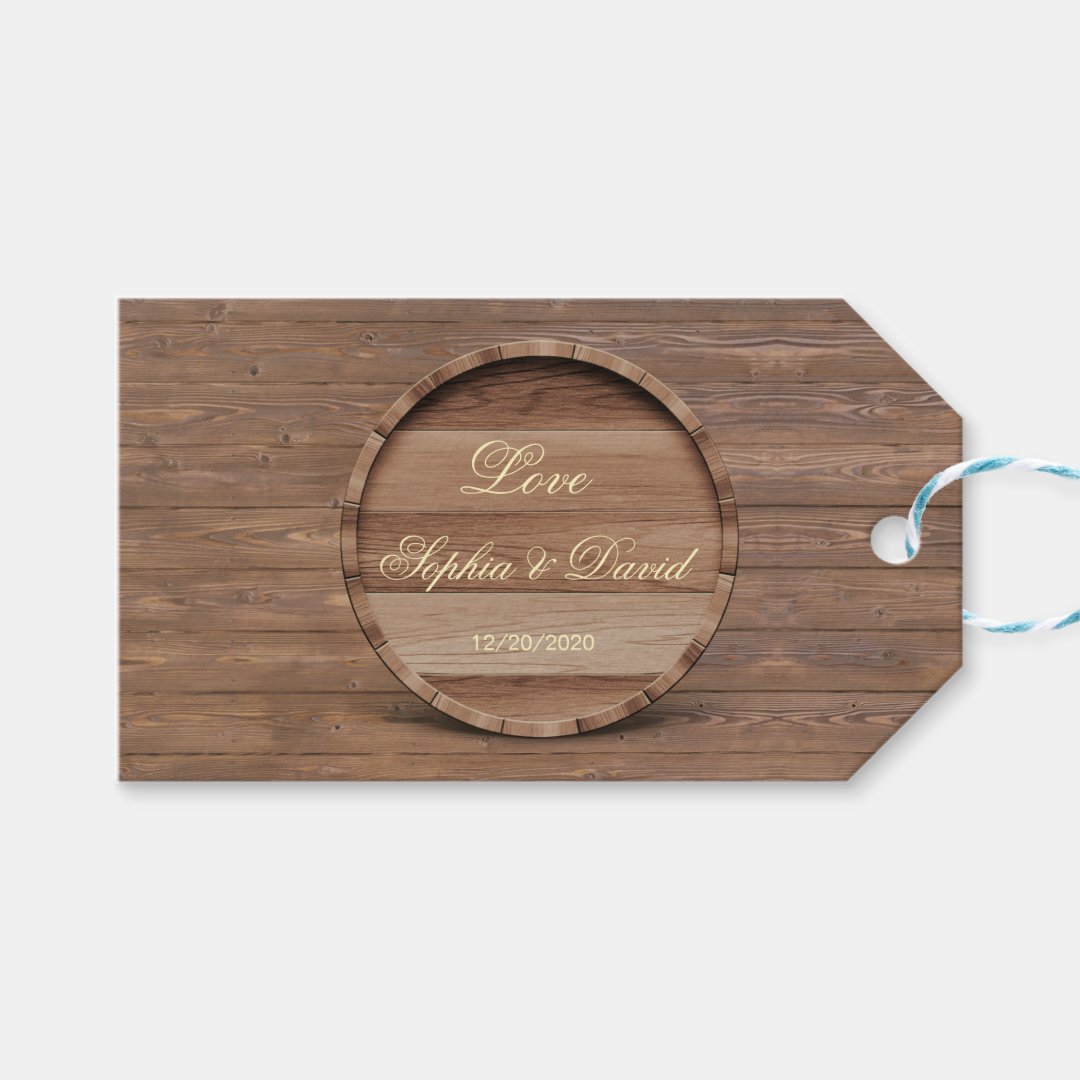 Rustic Wooden Barrel Wedding Monogram Gift Tags | Zazzle