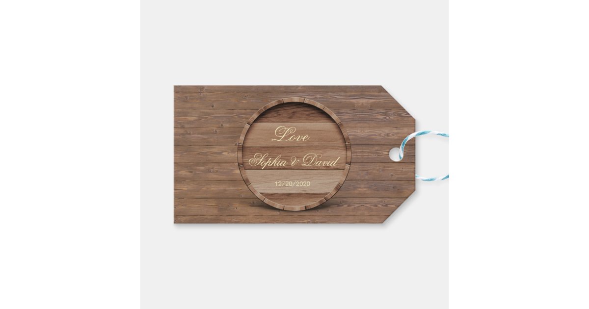 Rustic Wooden Barrel Wedding Monogram Gift Tags | Zazzle