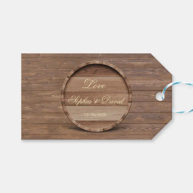 Rustic Wooden Barrel Wedding Monogram Gift Tags | Zazzle