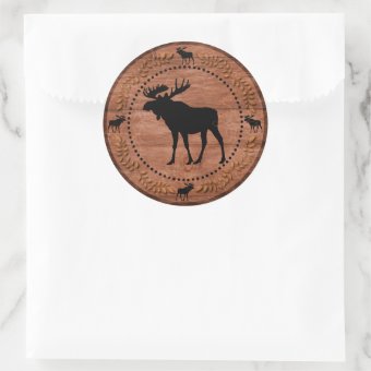 Rustic wooden moose circle stickers | Zazzle