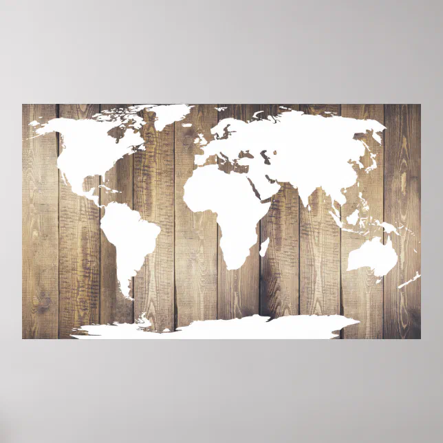 Rustic Wooden Planks White World Map Poster | Zazzle