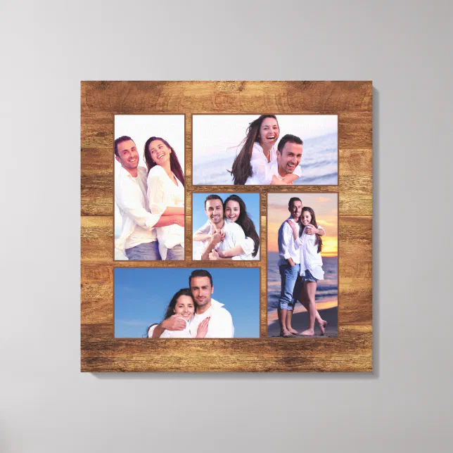 Rustic Woodgrain Family Photo Collage Template Canvas Print | Zazzle