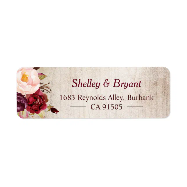 Rustic Woodgrain Look Burgundy Blush Floral Label | Zazzle
