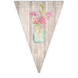 Rustic Woodgrain Mason Jar Pink Floral Wedding Bunting Flags | Zazzle