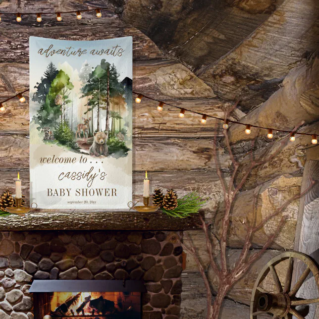 Rustic Woodland Adventure Awaits Boy Baby Shower Banner | Zazzle