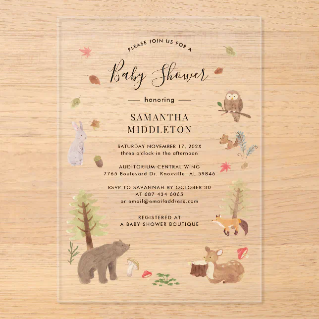 Rustic Woodland Animals Fall Baby Shower Acrylic Invitations | Zazzle