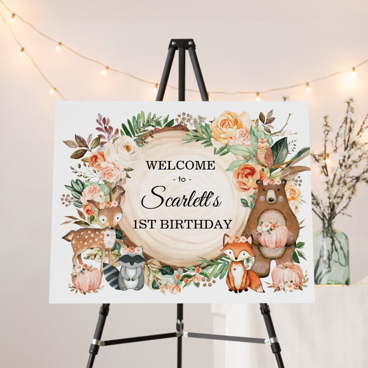 Rustic Woodland Animals Fall Floral Birthday Party Foam Board | Zazzle