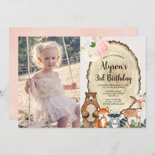 Rustic woodland animals floral girl birthday photo invitation | Zazzle