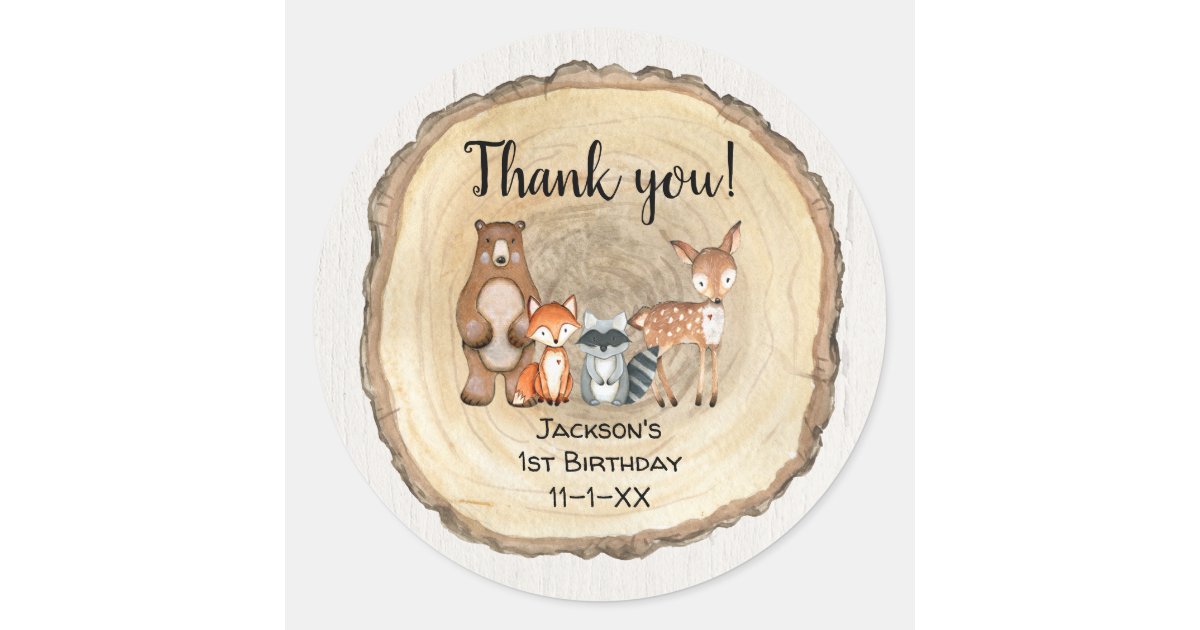 Rustic woodland animals forest friends birthday classic round sticker ...
