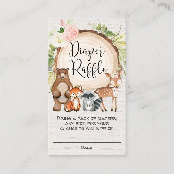 Rustic woodland animals girl diaper raffle cards | Zazzle