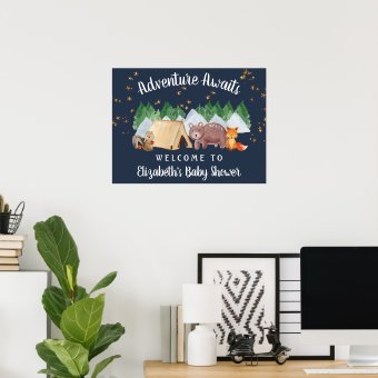 Rustic Woodland Animals Night Baby Shower Welcome Poster | Zazzle