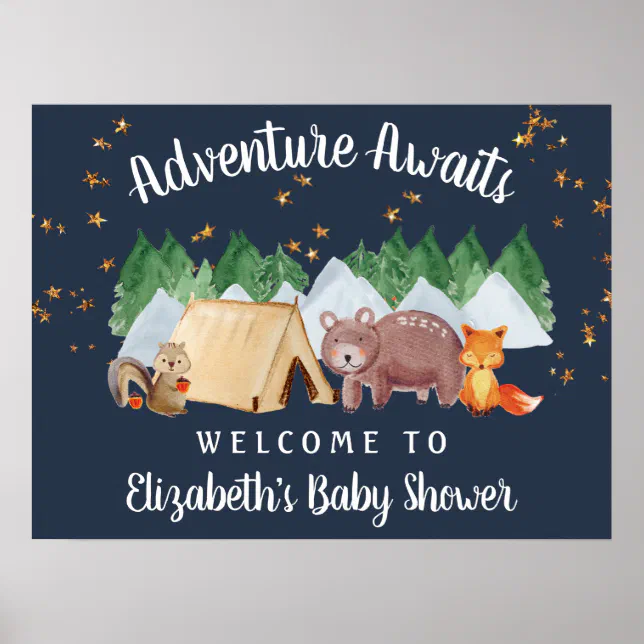 Rustic Woodland Animals Night Baby Shower Welcome Poster | Zazzle