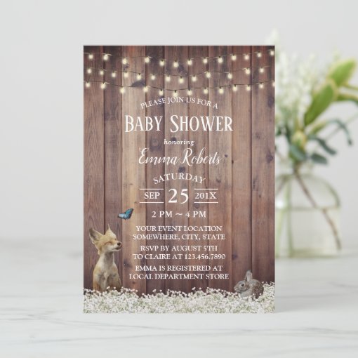 Rustic Woodland Animals String Light Baby Shower Invitation | Zazzle