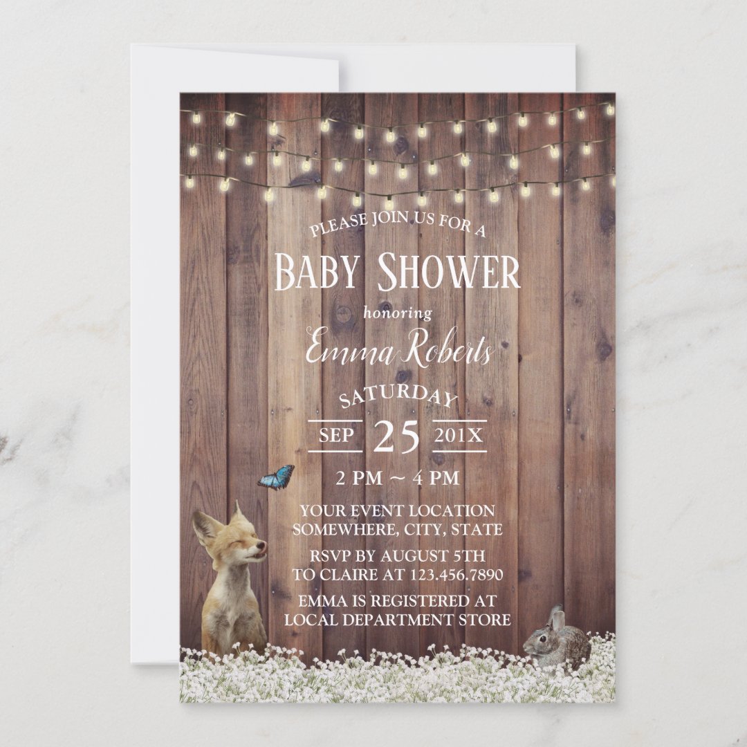 Rustic Woodland Animals String Light Baby Shower Invitation | Zazzle