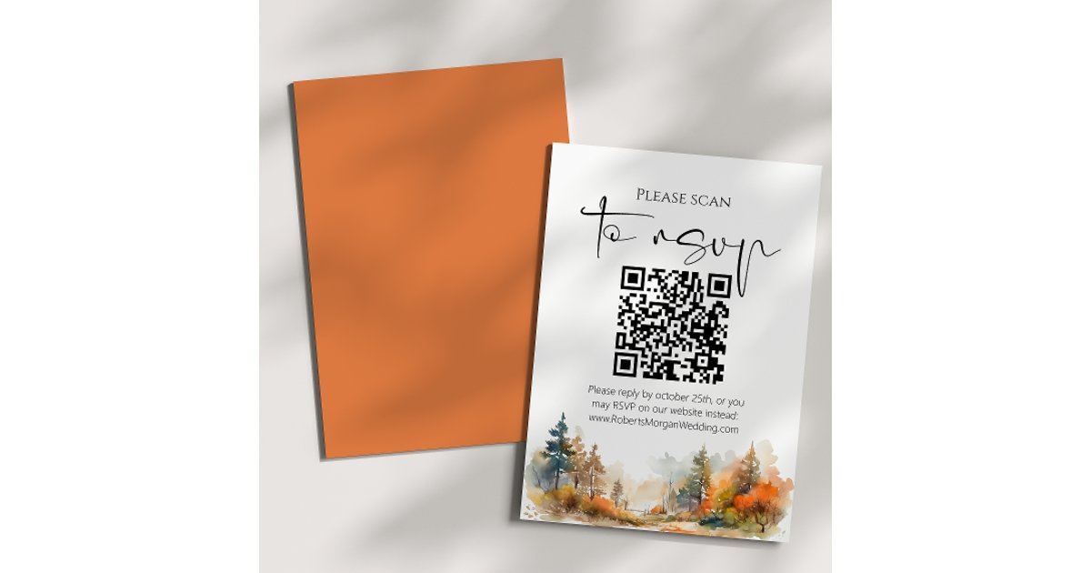 Rustic Woodland Autumn Forest QR code Wedding RSVP Card | Zazzle