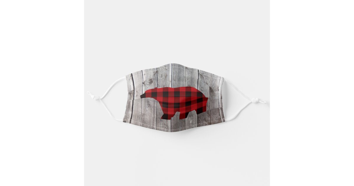 rustic woodland barn wood red buffalo plaid bear adult cloth face mask ...