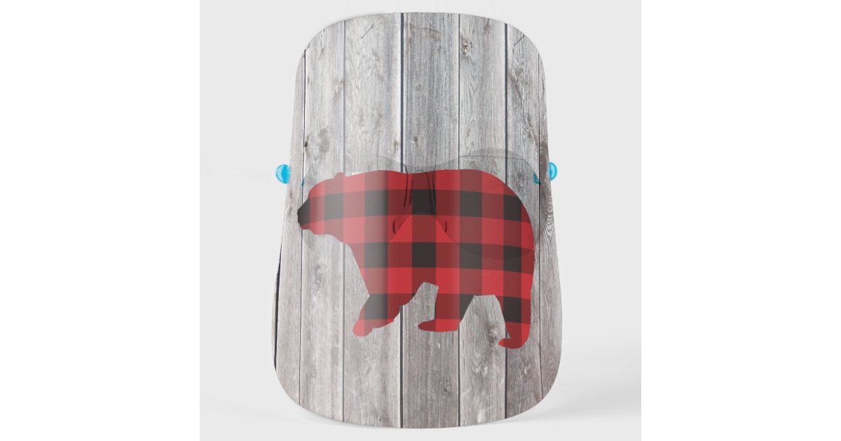 rustic woodland barn wood red buffalo plaid bear face shield | Zazzle