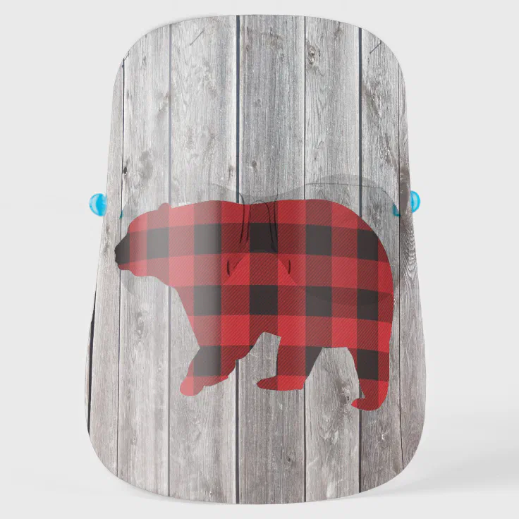 rustic woodland barn wood red buffalo plaid bear face shield | Zazzle