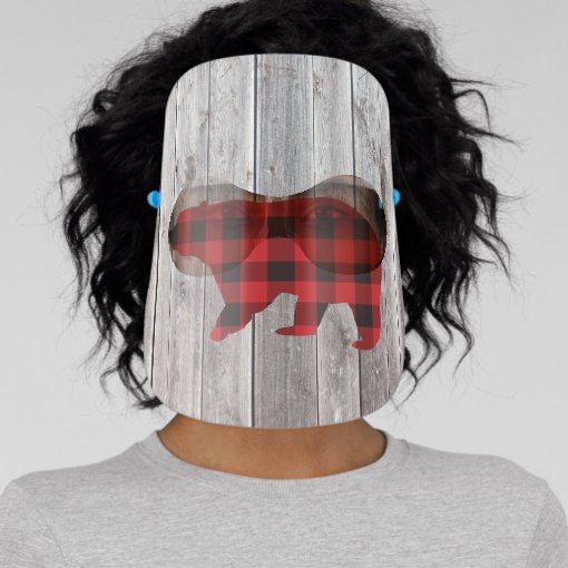 rustic woodland barn wood red buffalo plaid bear face shield | Zazzle