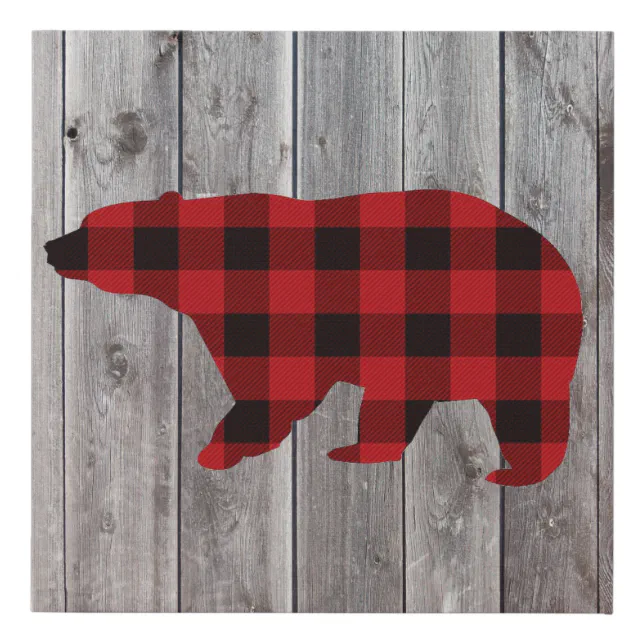 rustic woodland barn wood red buffalo plaid bear faux canvas print | Zazzle
