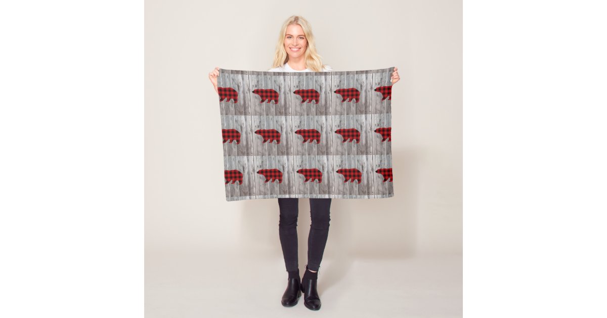 rustic woodland barn wood red buffalo plaid bear fleece blanket | Zazzle