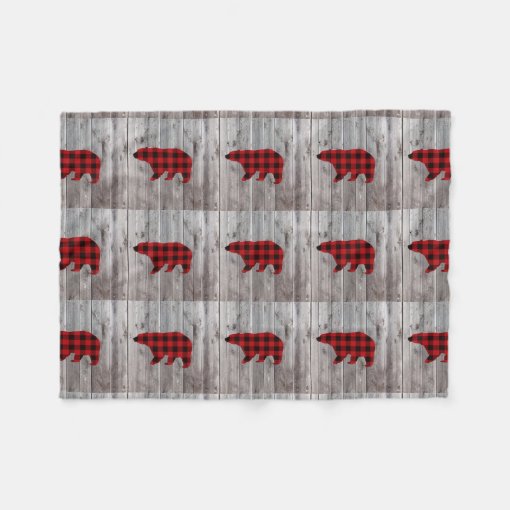 rustic woodland barn wood red buffalo plaid bear fleece blanket | Zazzle