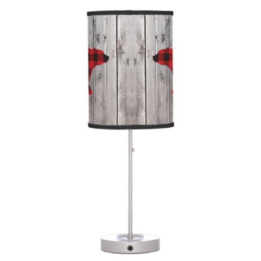 rustic woodland barn wood red buffalo plaid bear table lamp | Zazzle