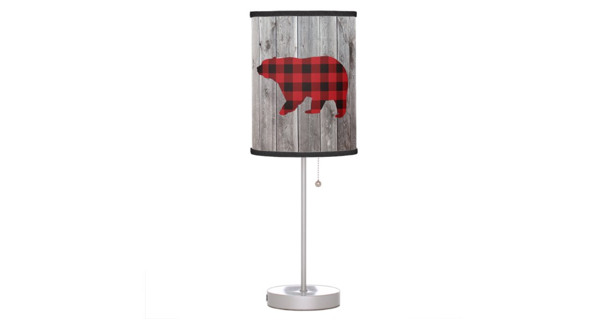 rustic woodland barn wood red buffalo plaid bear table lamp | Zazzle