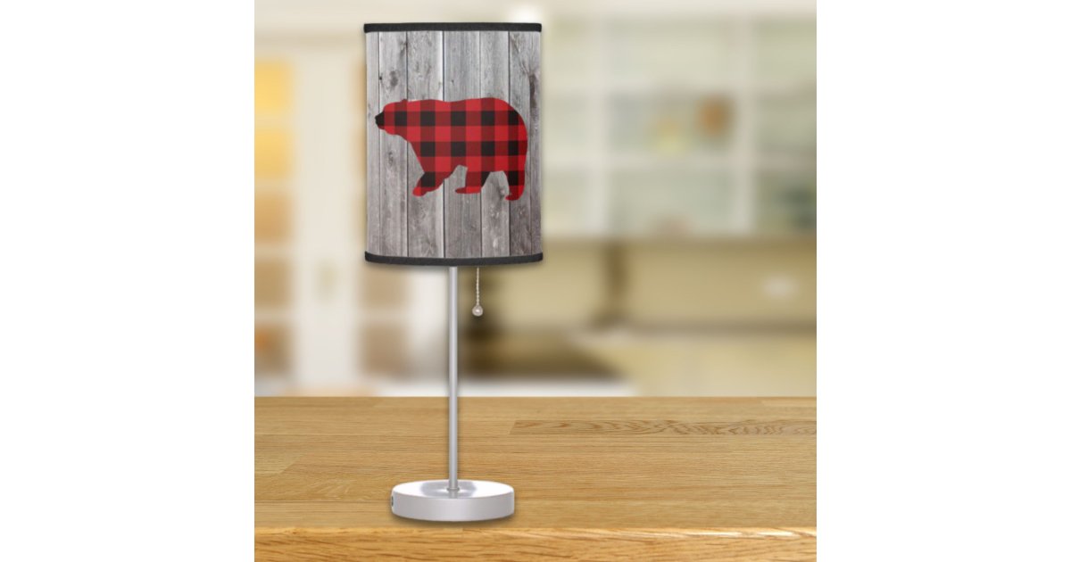 rustic woodland barn wood red buffalo plaid bear table lamp | Zazzle