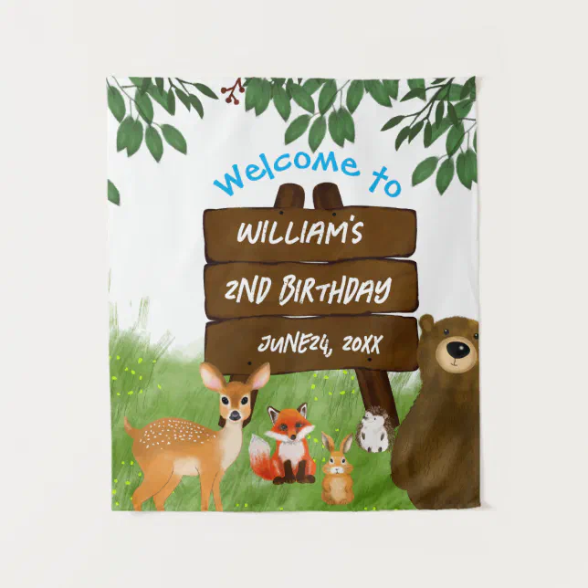 Rustic Woodland Birthday Party Forest Animals Tapestry | Zazzle