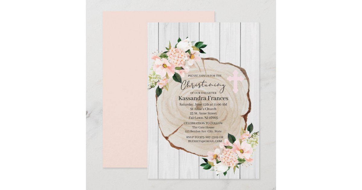 Rustic Woodland Blush Floral Christening Invitation | Zazzle