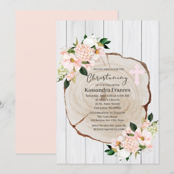 Rustic Woodland Blush Floral Christening Invitation | Zazzle.com