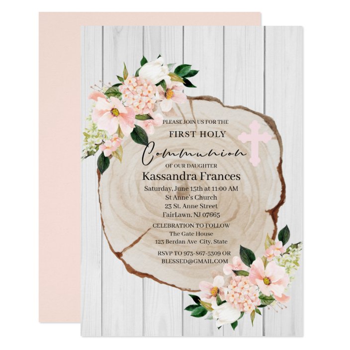 Rustic Woodland Blush Floral First Holy Communion Invitation | Zazzle.com