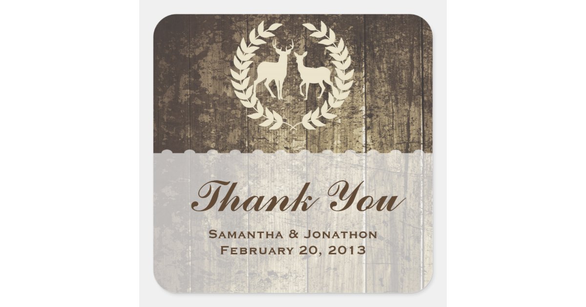 Rustic Woodland Buck and Deer Wedding Thank You Square Sticker | Zazzle