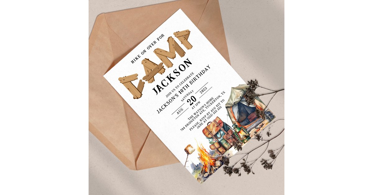 Rustic Woodland Camping Personalized Birthday Invitation | Zazzle