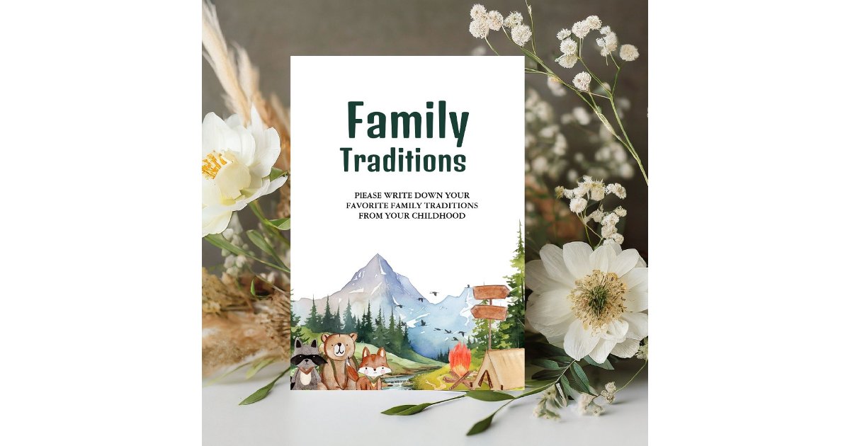 Rustic Woodland Family Traditions baby shower sign | Zazzle
