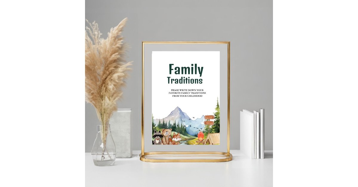 Rustic Woodland Family Traditions baby shower sign | Zazzle